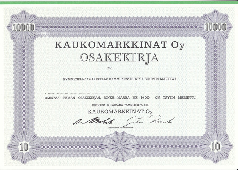 OKK 1982 Kaukomarkkinat Oy spec, Espoo osakekirja - Huuto.net